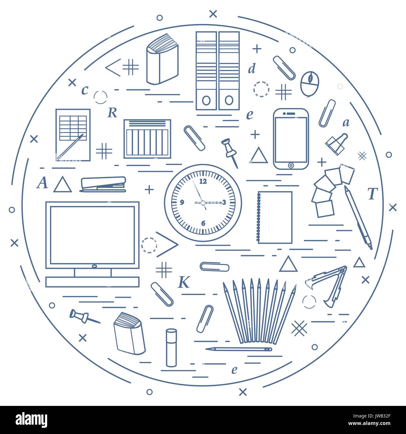 Set of different office objects arranged in a circle. Including icons ...
