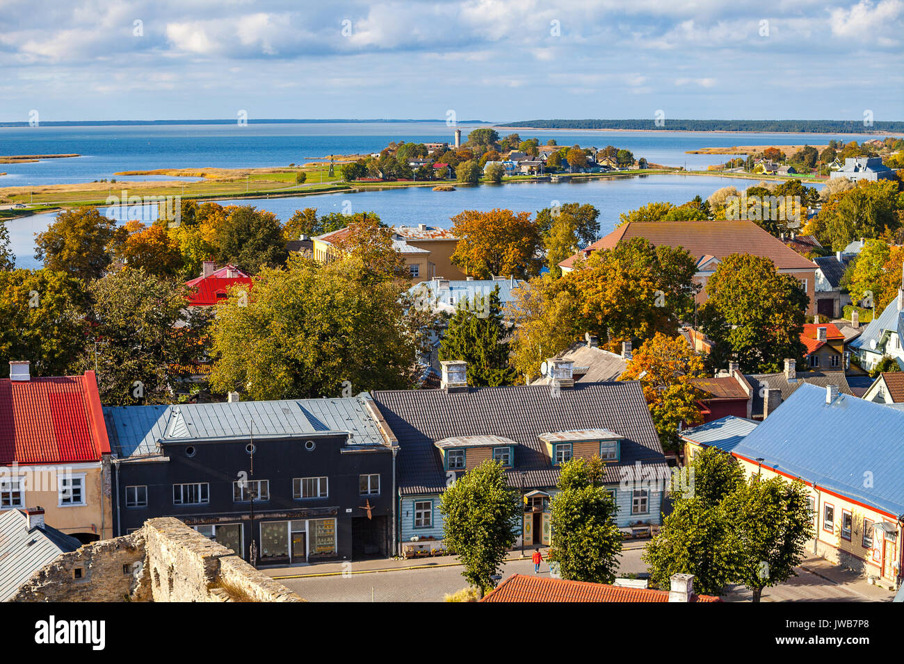 Peninsula and nice village, view from castle tower, coast of Baltic sea ...