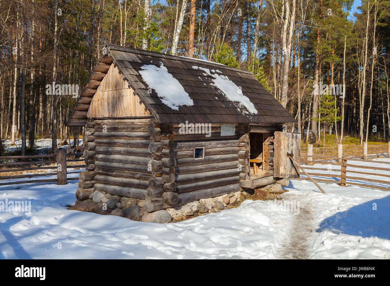 Traditional wooden cottage, baltic and scandinavian style. Winter scene ...