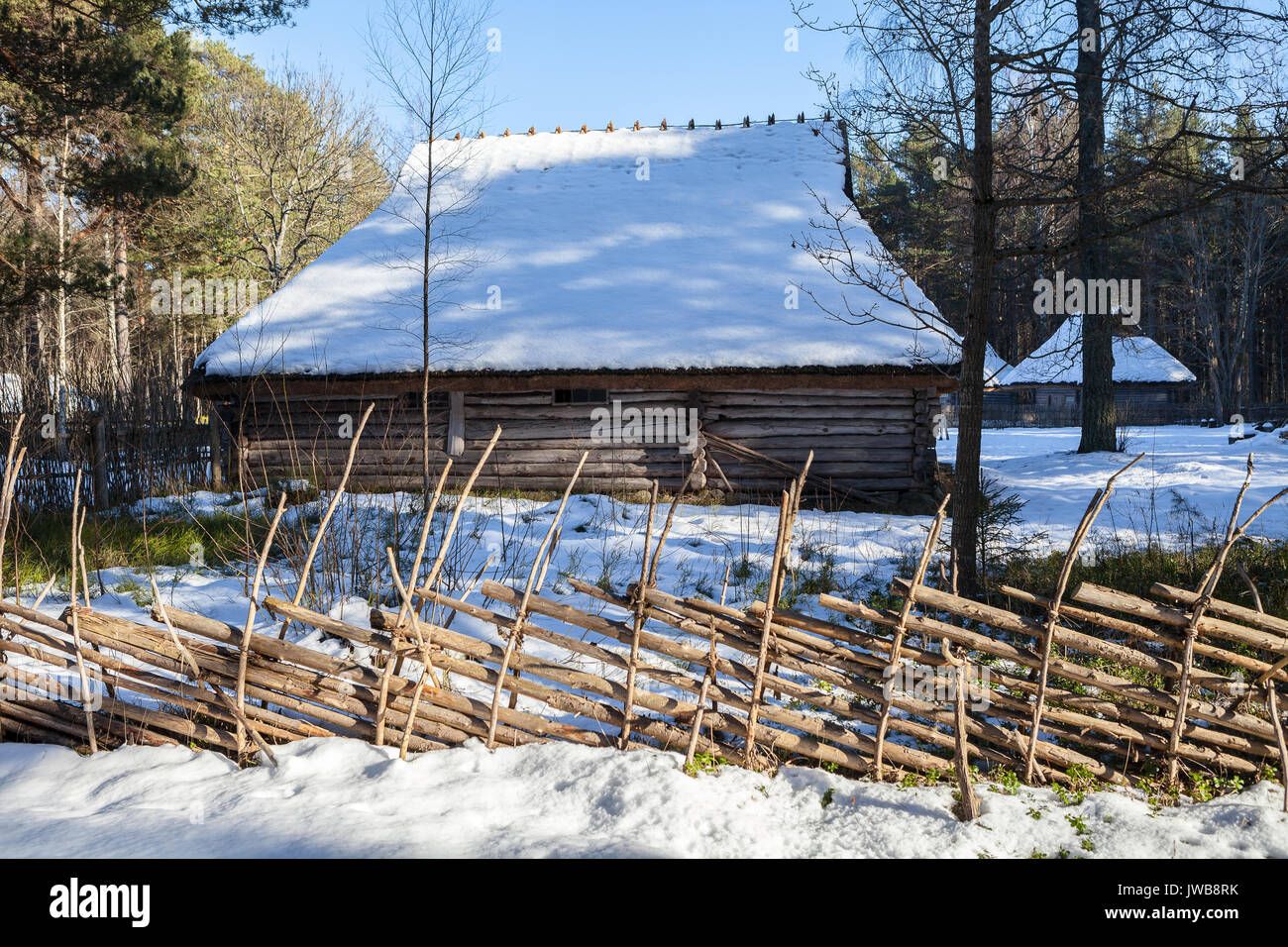 Traditional wooden barn, baltic and scandinavian style. Winter scene in ...