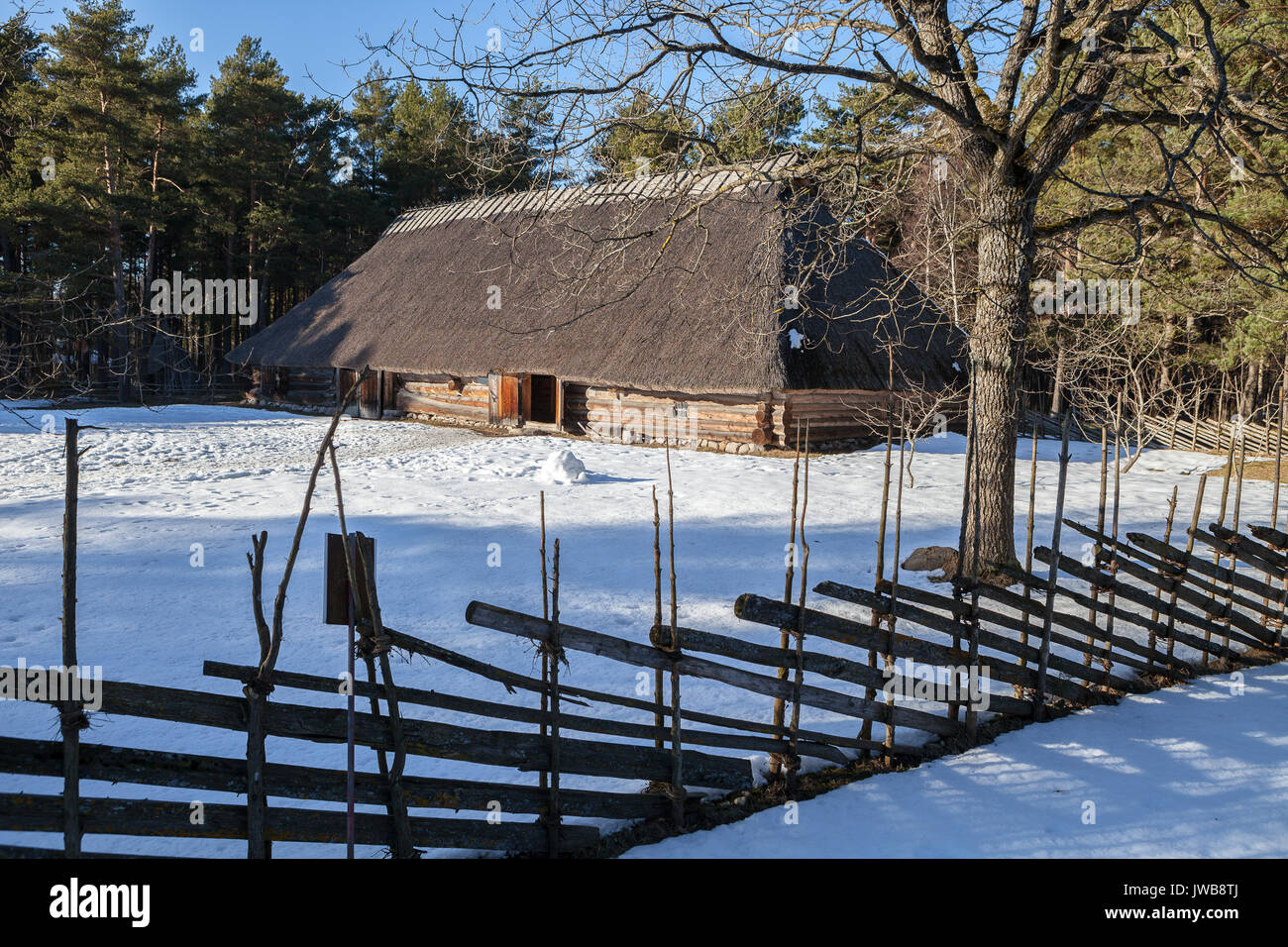 Traditional wooden barn, baltic and scandinavian style. Winter scene in ...