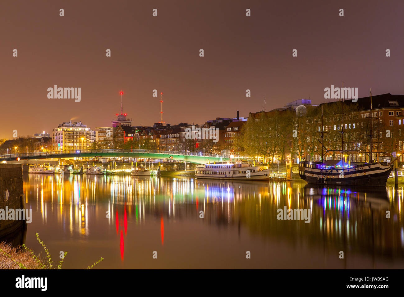 Cityscape of night Bremen, Germany over the Rhein river Stock Photo - Alamy