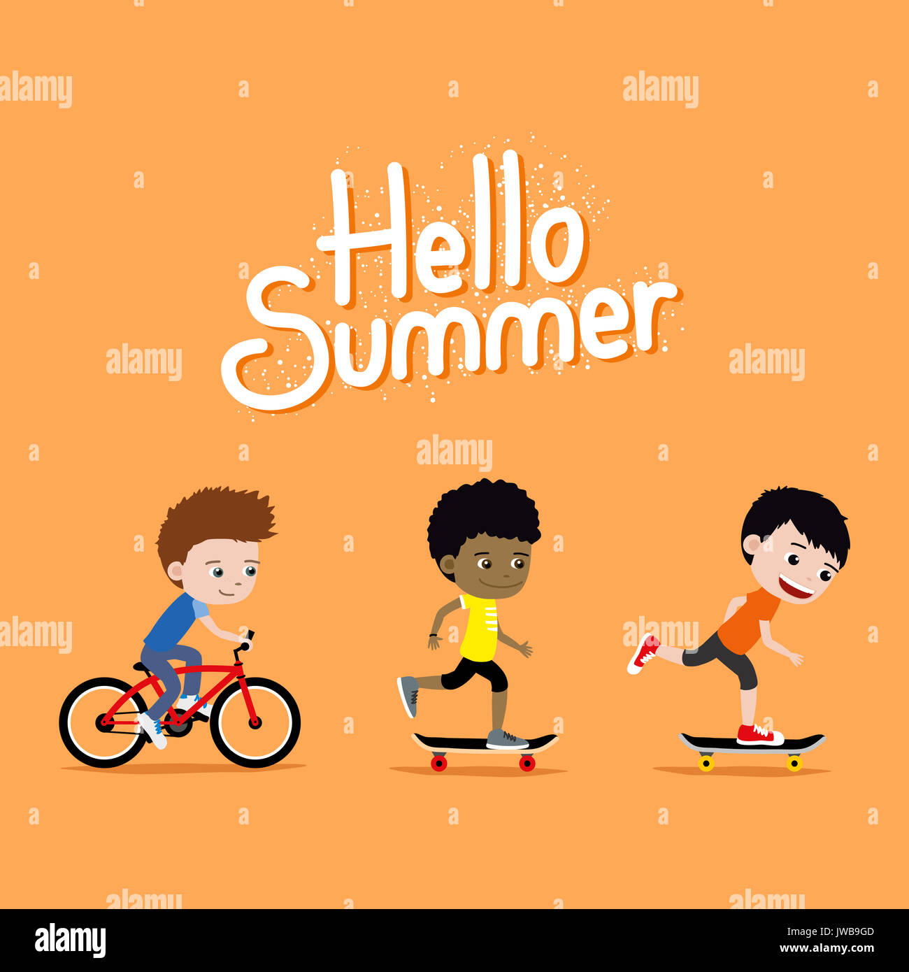 Three boys riding skateboards and a bike. Cute cartoon Hello Summer ...