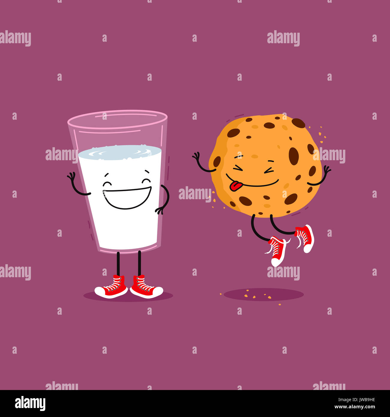 Milk and cookie. Funny cartoon illustration on purple background Stock ...
