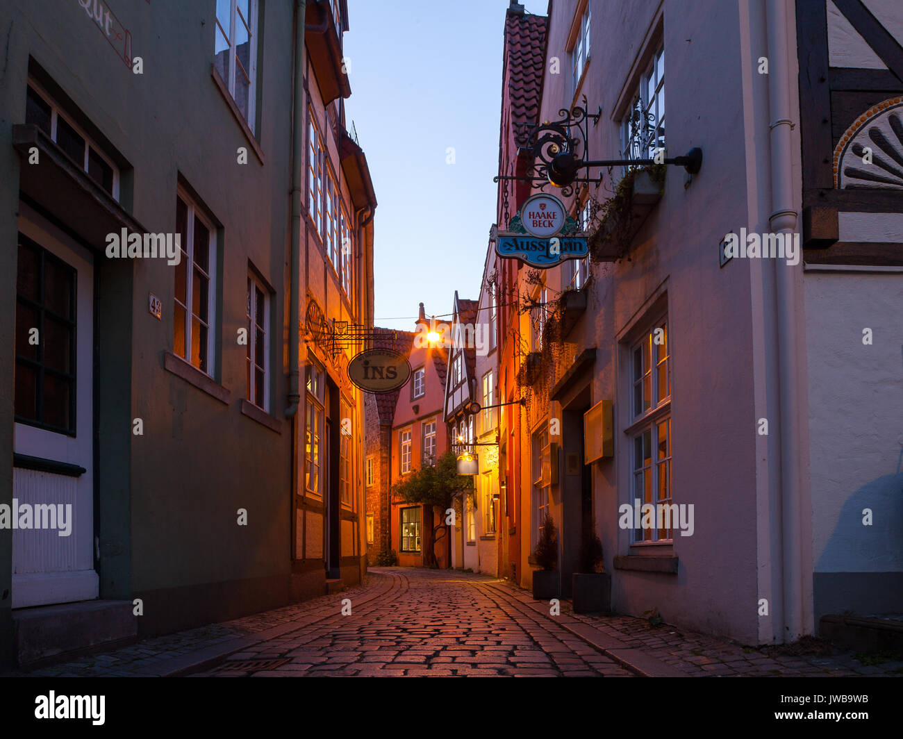 BREMEN, GERMANY - 17 APR 2016: Historic streets of illuminated Schnoor ...