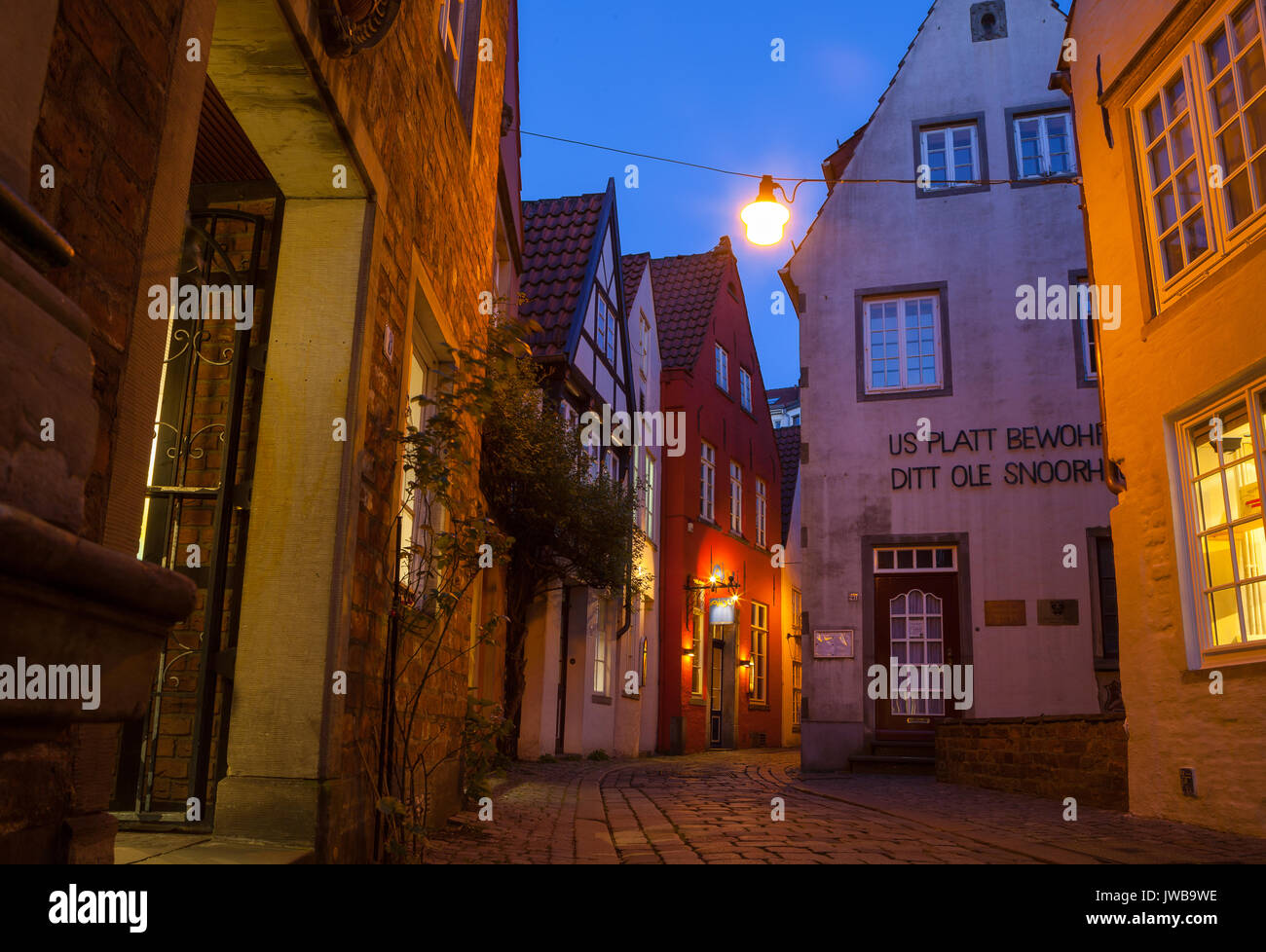 BREMEN, GERMANY - 17 APR 2016: Historic streets of illuminated Schnoor ...