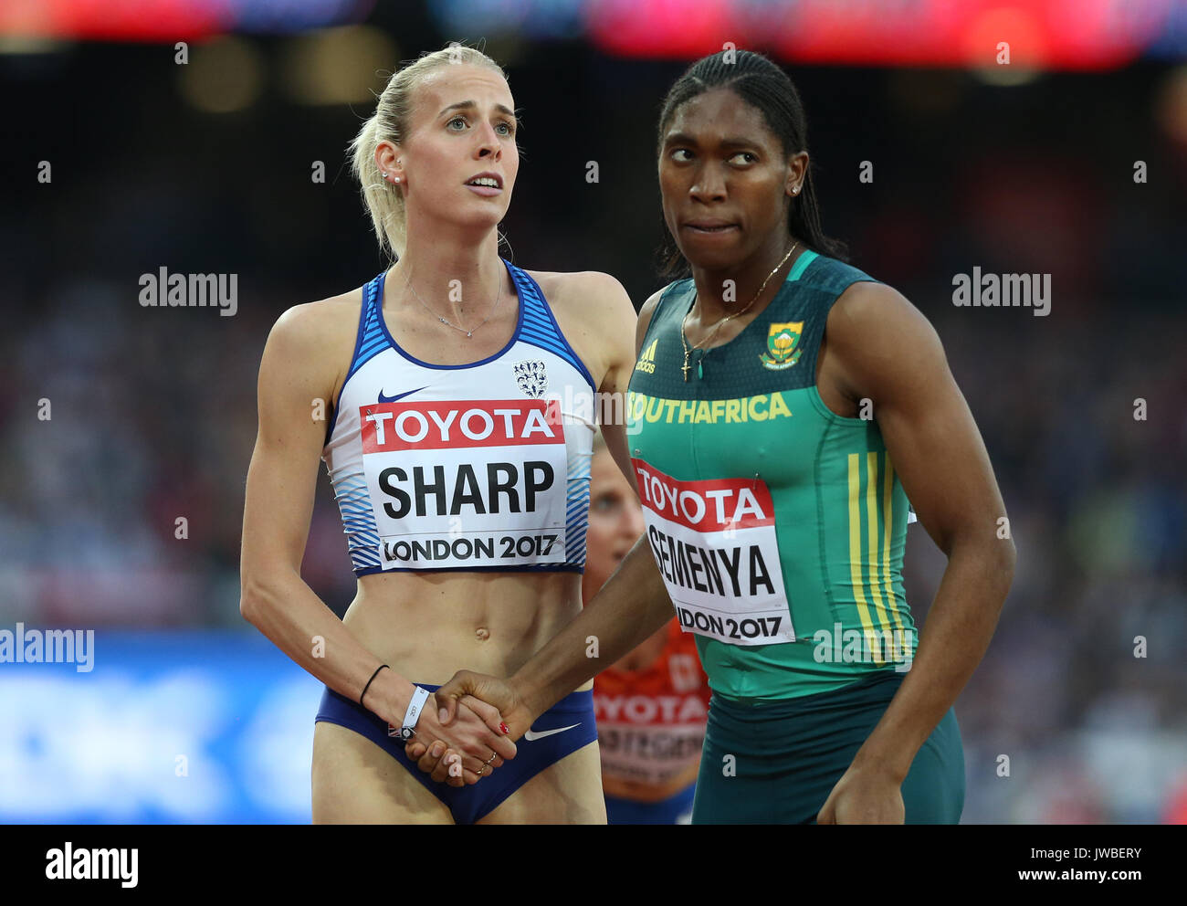 Great Britain's Lynsey Sharp shakes hands with South Africa's Caster Semenya after the Women's ...
