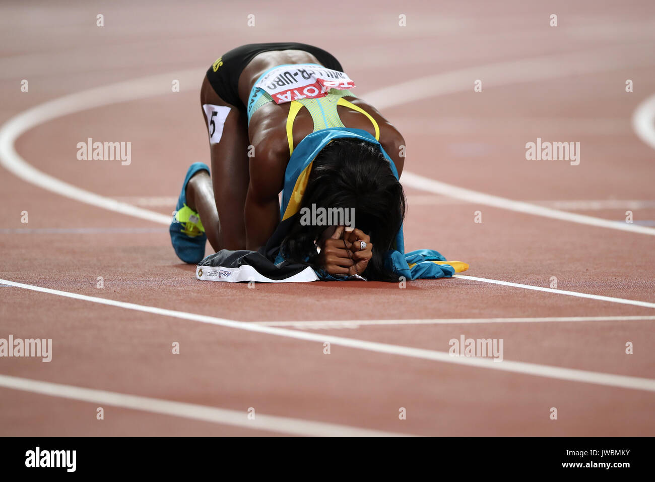 Bahrain's Shaunae Miller-Uibo celebrates winning bronze in the women's ...