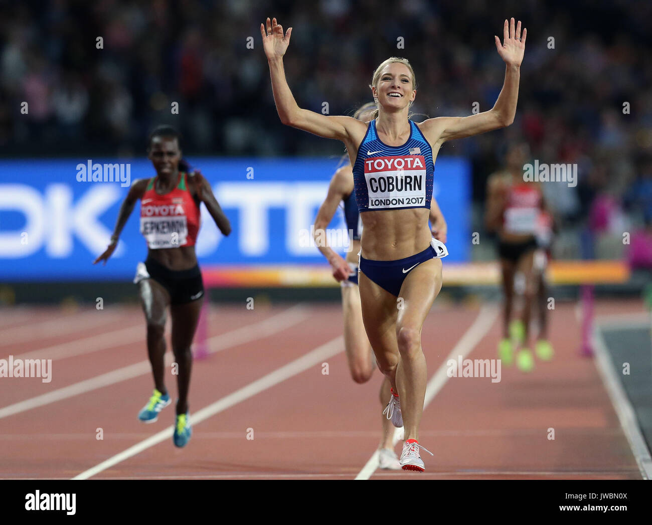 USA's Emma Coburn wins the Women's 3000m Steeplechase final during day ...