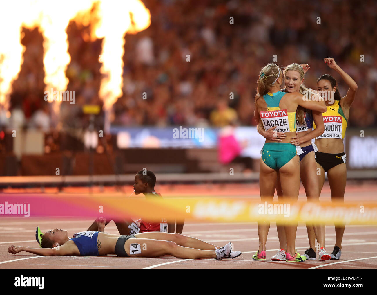 USA's Emma Coburn (second from right) celebrates winning gold in the ...