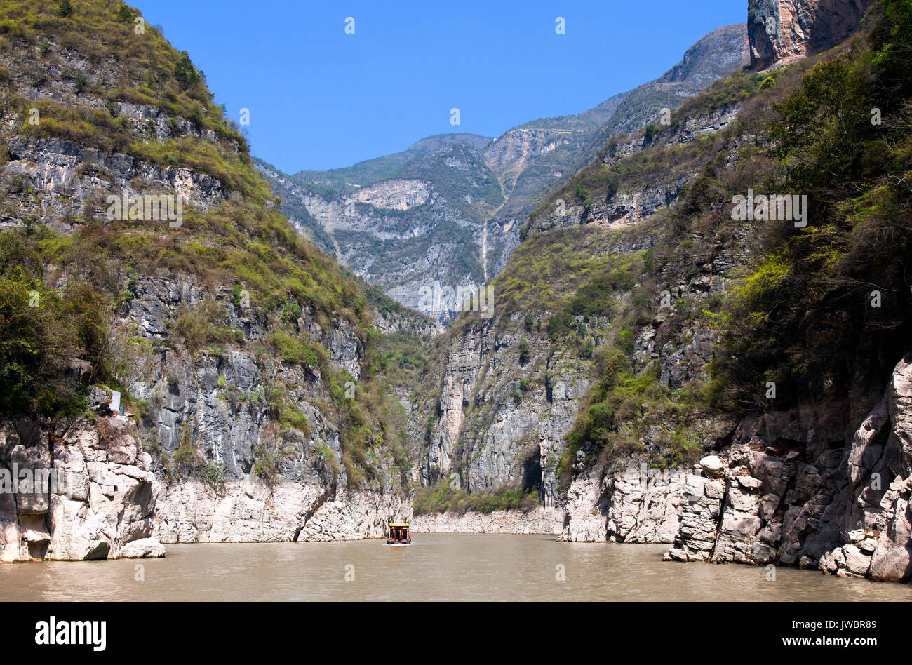 Excursion boat on Goddess Stream, tributary of the Yangtze River, China ...