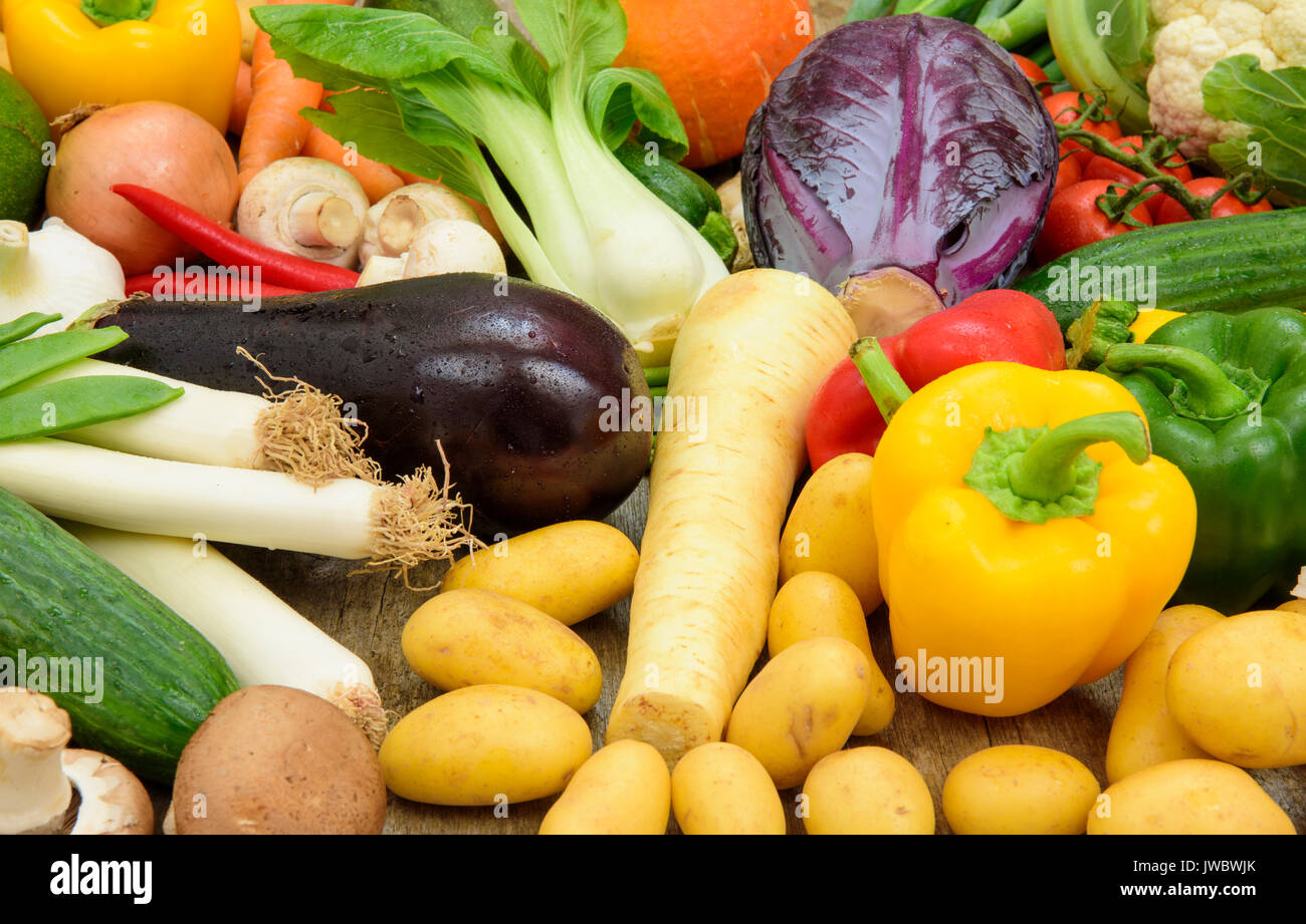 an arrangement of fresh vegetable fruits from market Stock Photo - Alamy