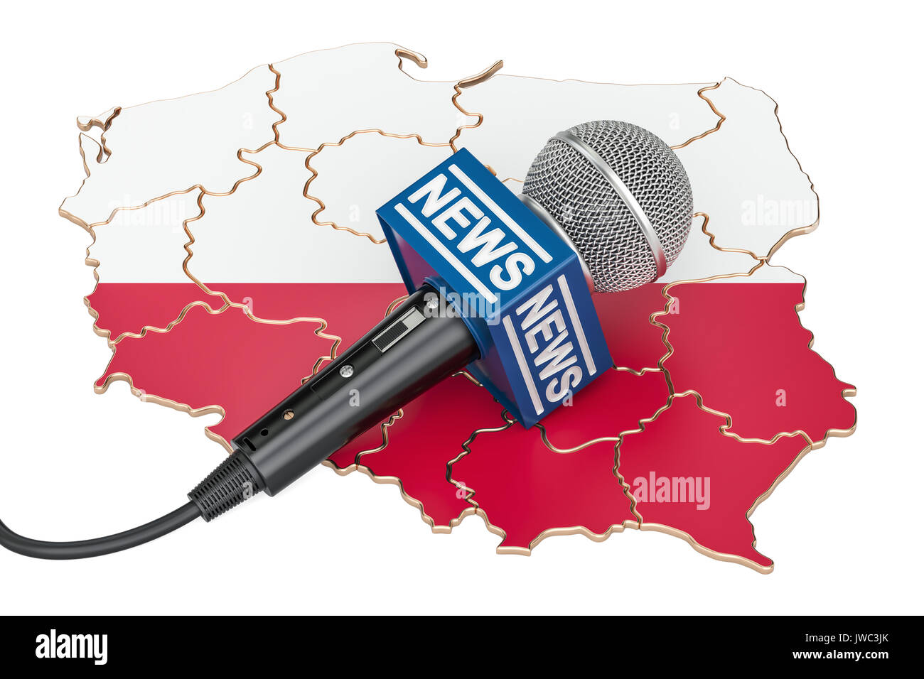 Polish News concept, microphone news on the map of Poland. 3D rendering ...