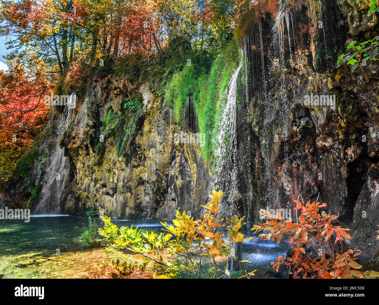 Waterfall in autumn forest at National Park Plitvice Lakes Stock Photo ...