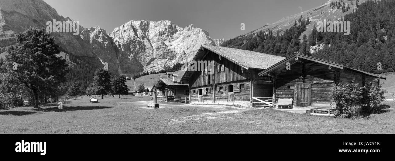 panorama scenic landscape with mountains and farm house in Austria ...