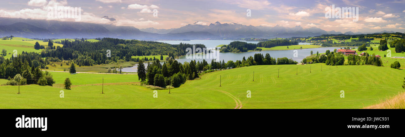 panorama scenic landscape in Bavaria with lake Forggensee and mountains ...