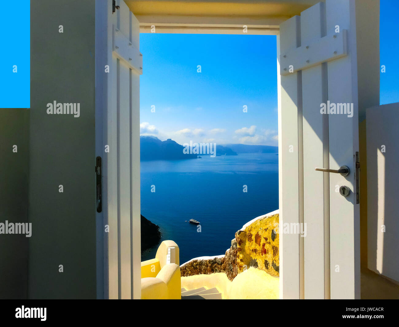 Beautiful sea view from the balcony. Santorini island, Greece Stock ...