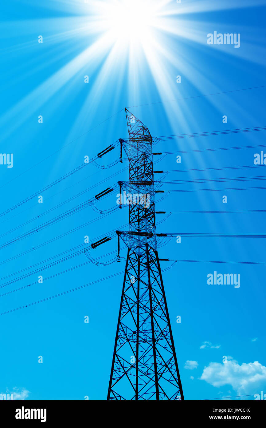 an image of a metal tower of Power Lines Stock Photo - Alamy