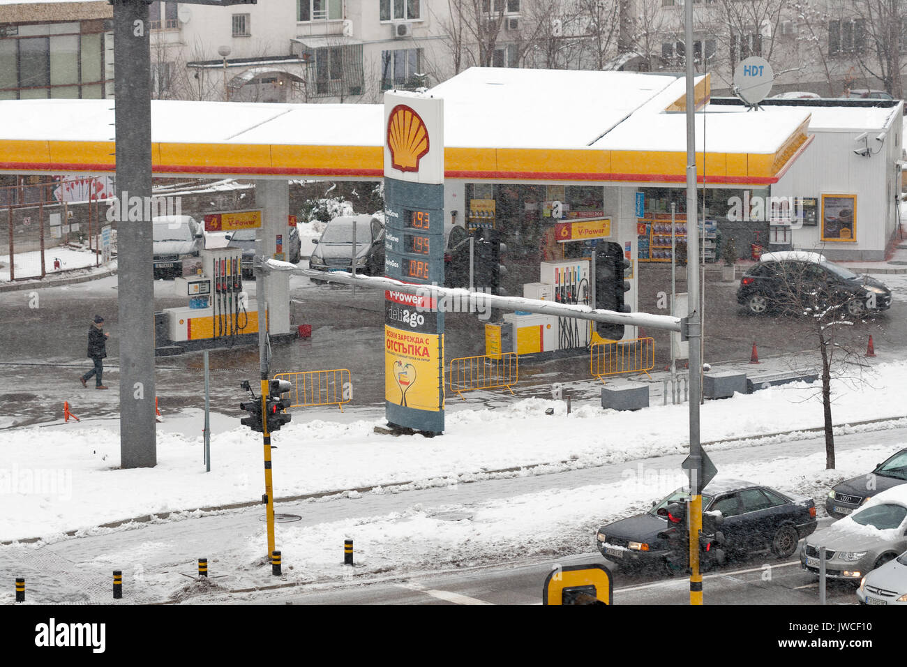 SOFIA, BULGARIA - JANUARY 09, 2015: Snowstorm on the city street with ...