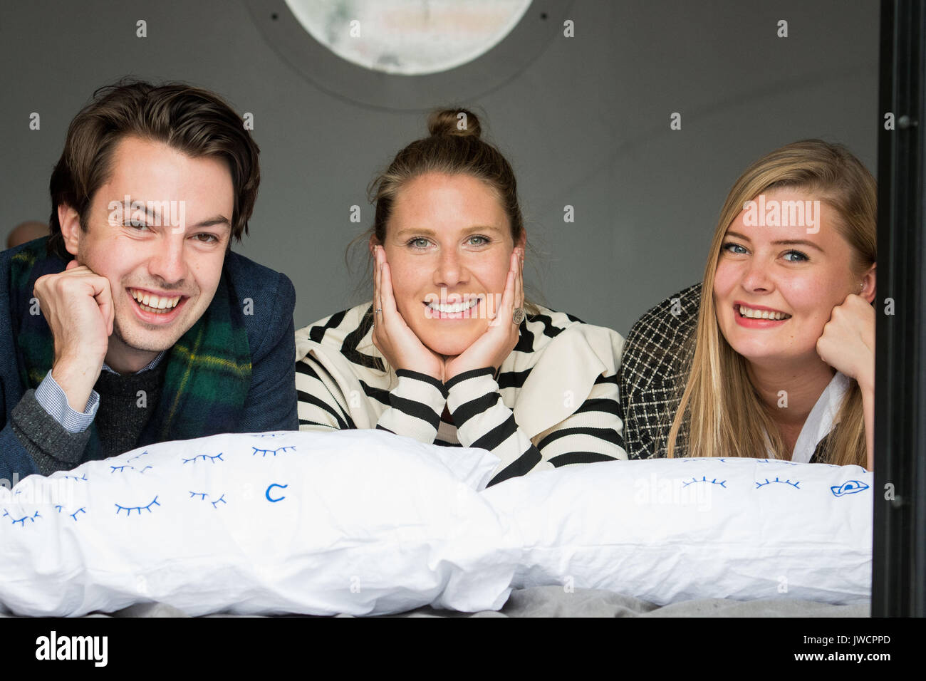 James Gill, Fiona Campbell and Lauren Plews try out the sleep pods I’m ...