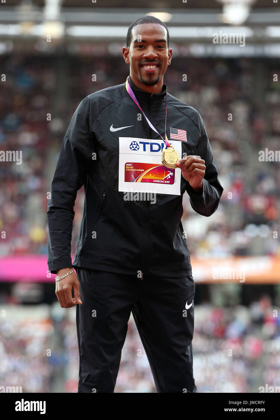 USA's Christain Taylor with the gold medal in the ceremony for the men ...