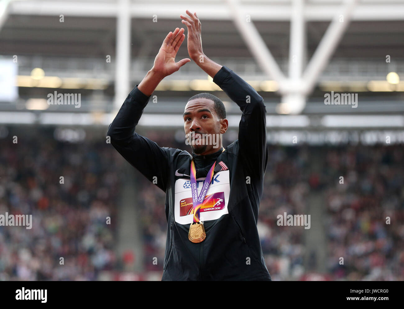 USA's Christain Taylor with the gold medal in the ceremony for the men ...
