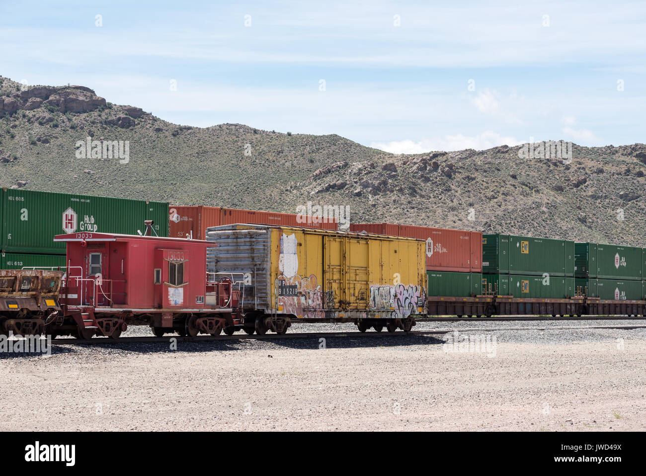 Double stacked intermodal containers on a freight train in Caliente, NV ...