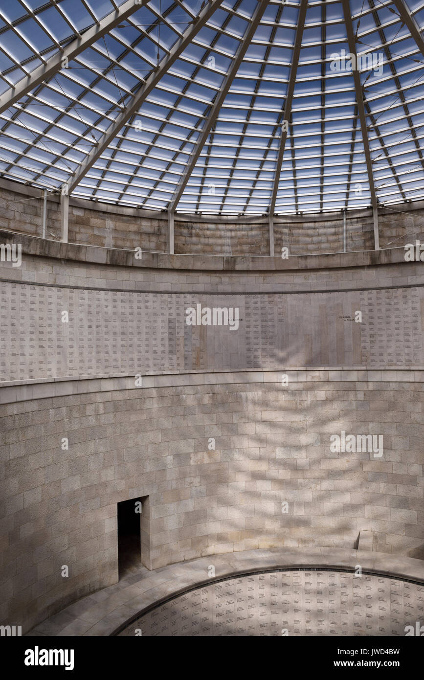 Abstract view of a central tower door with skylight and names of the ...