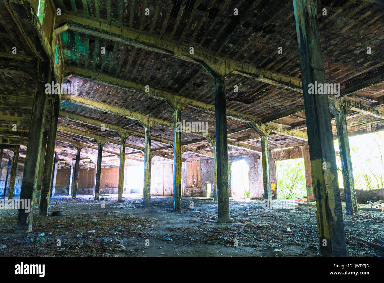Fire damaged interior of a large train roundhouse and depot in upstate ...