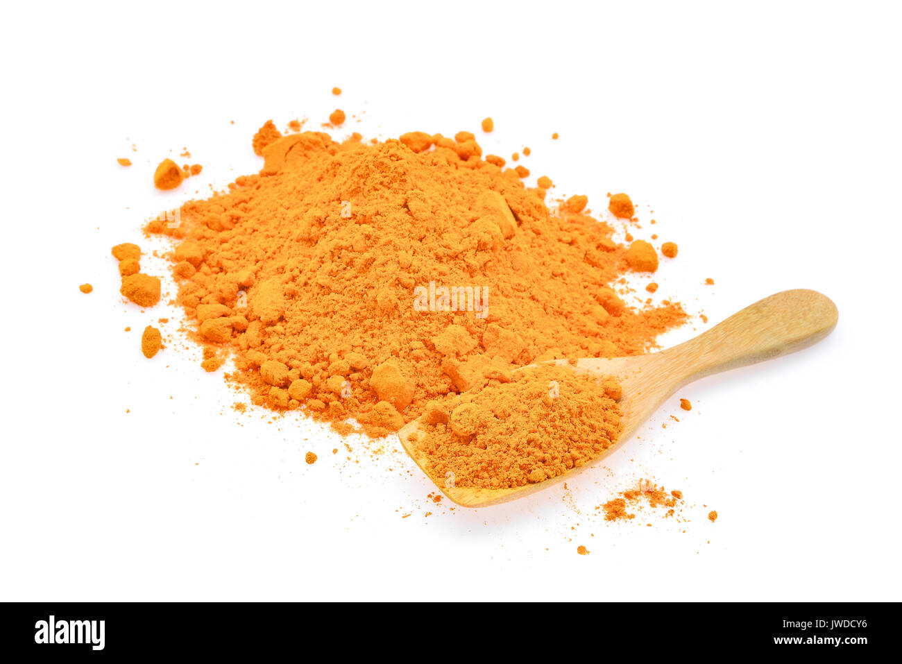 turmeric powder in wooden spoon isolated on white background Stock ...