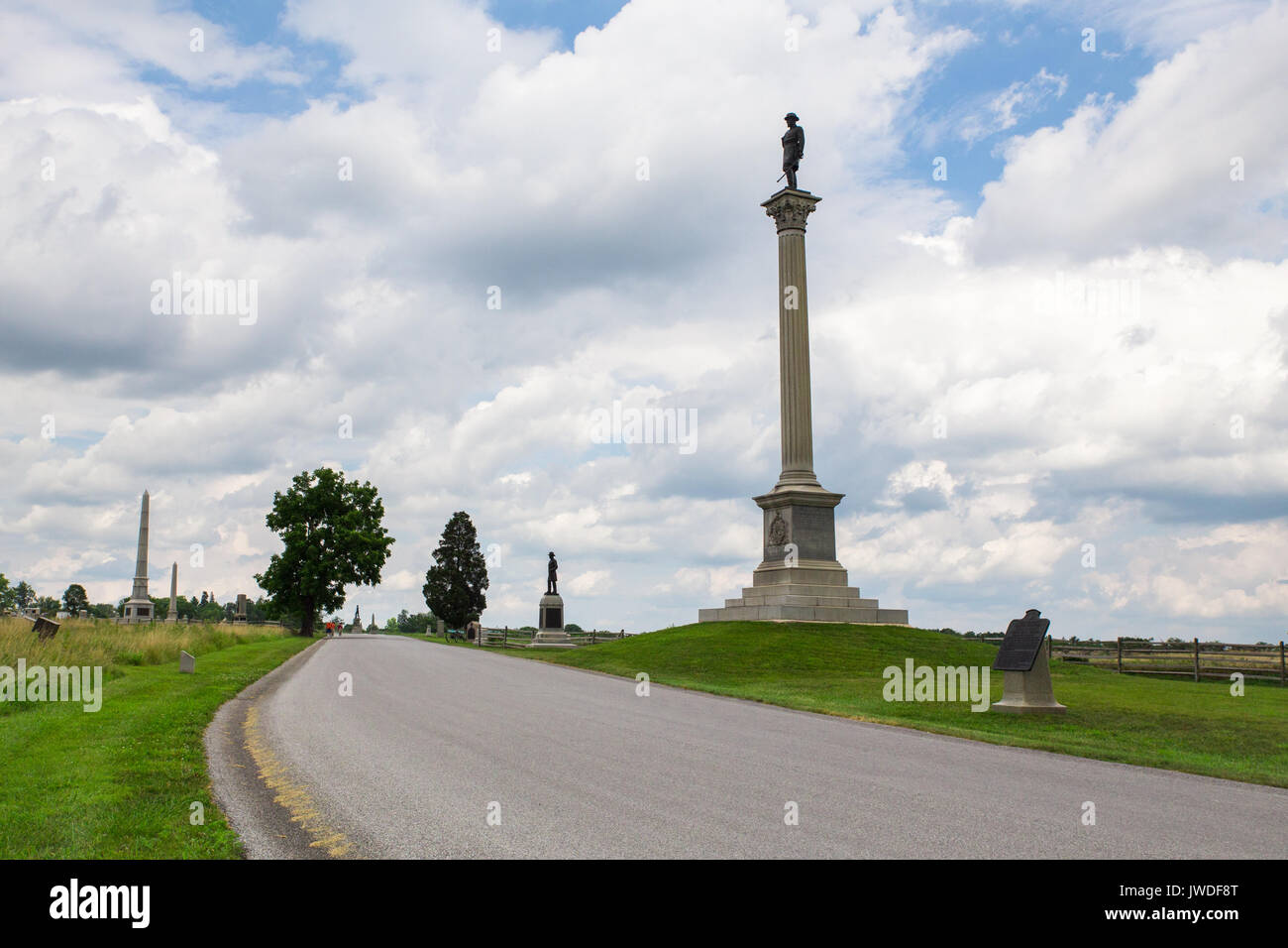 View of civil war military battleground with monument at Gettysburg ...