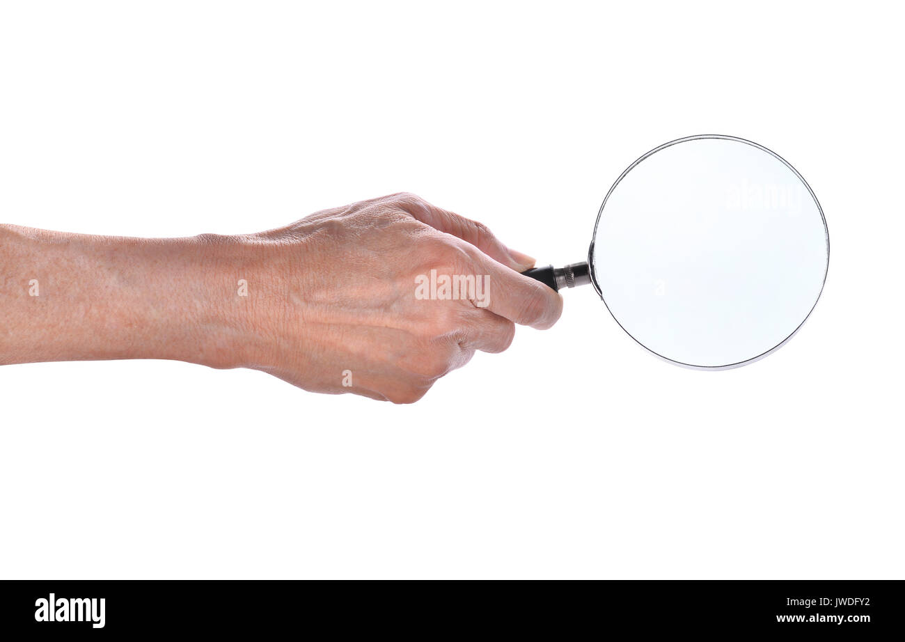 Man Hand Holding Magnifying Glass Isolated On White Background Stock