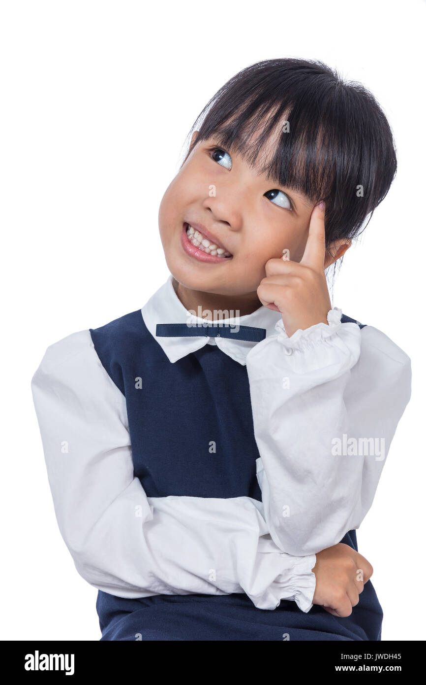 Portrait of Asian Little Chinese Girl thinking in isolated White ...