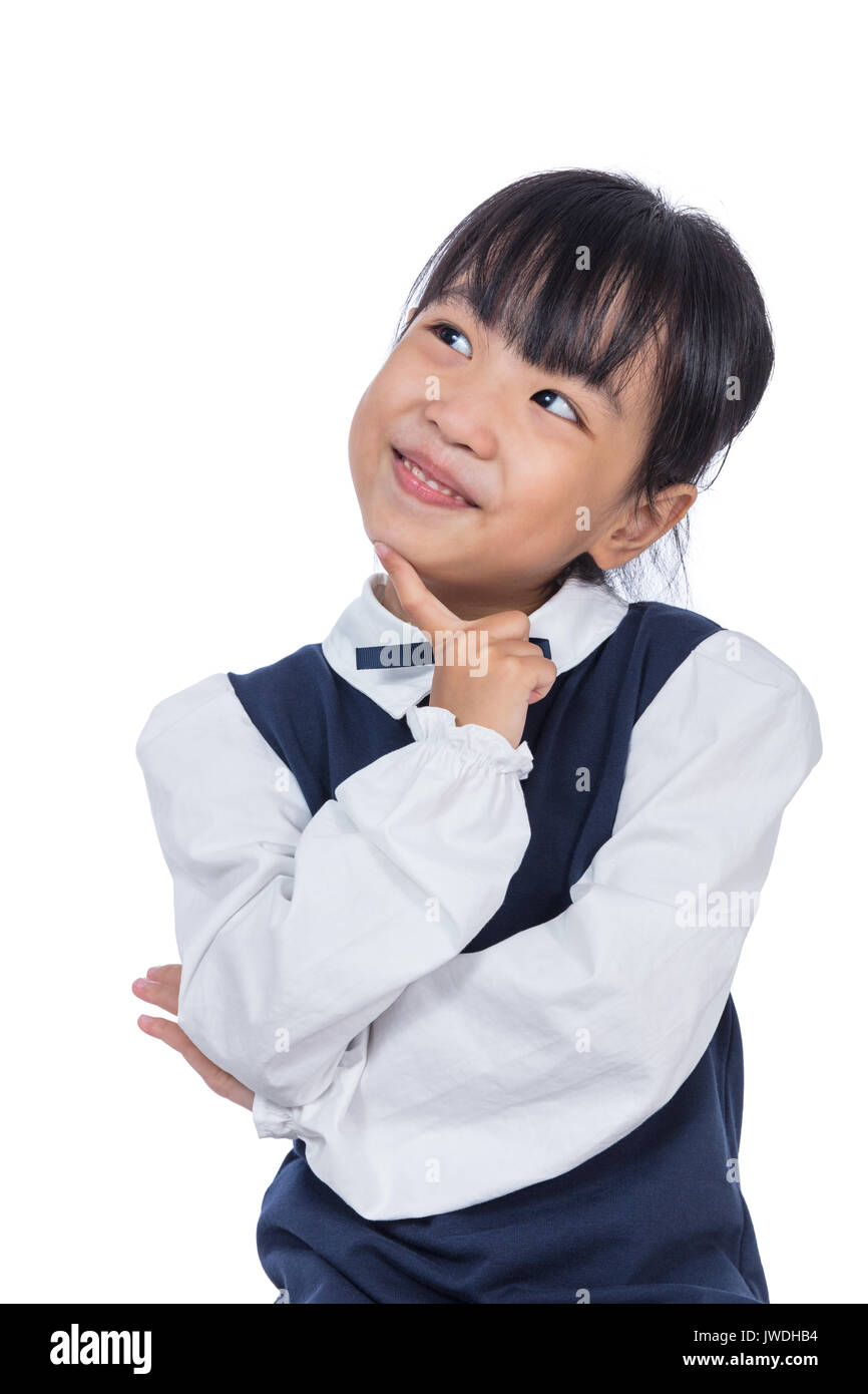 Portrait of Asian Little Chinese Girl thinking with finger on chin in ...