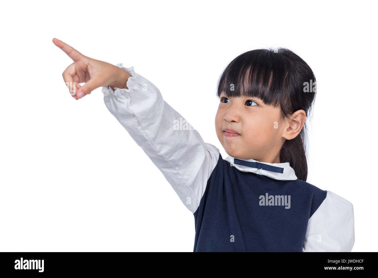Asian Little Chinese Girl pointing with finger in isolated White ...