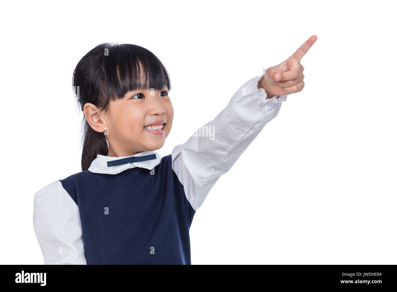Asian Little Chinese Girl pointing with finger in isolated White ...