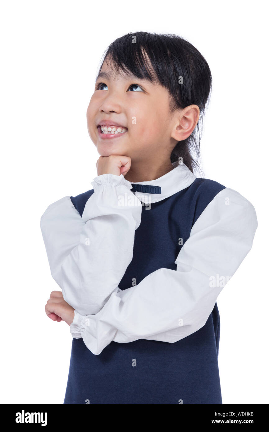 Portrait of Asian Little Chinese Girl thinking with hand on chin in ...