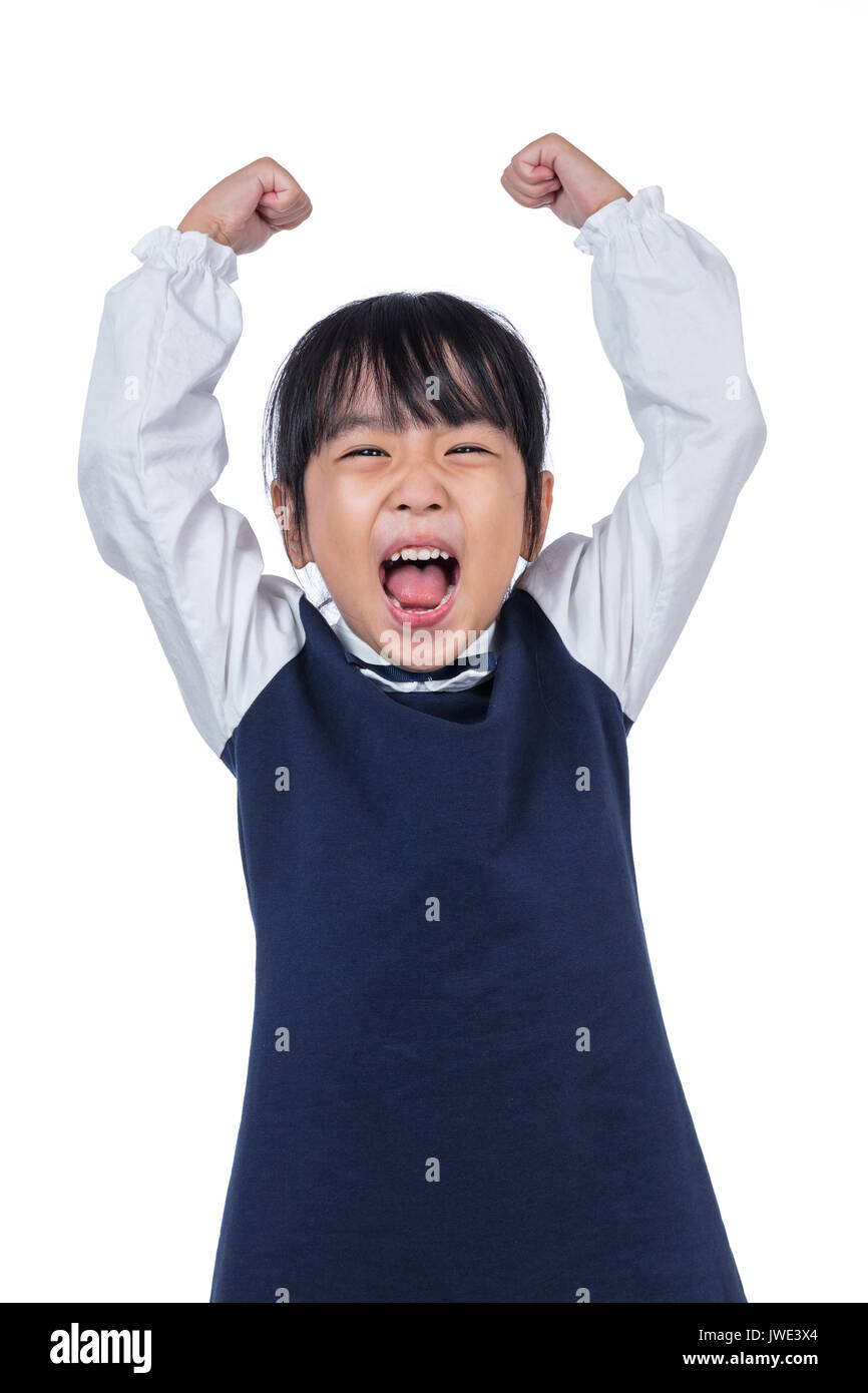 Asian Little Chinese Girl shouting with hands up in isolated White ...