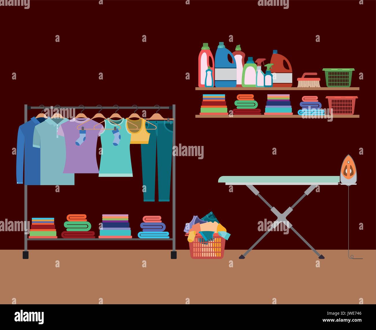 brick wall background of clothes in hangers with table and clothes iron ...