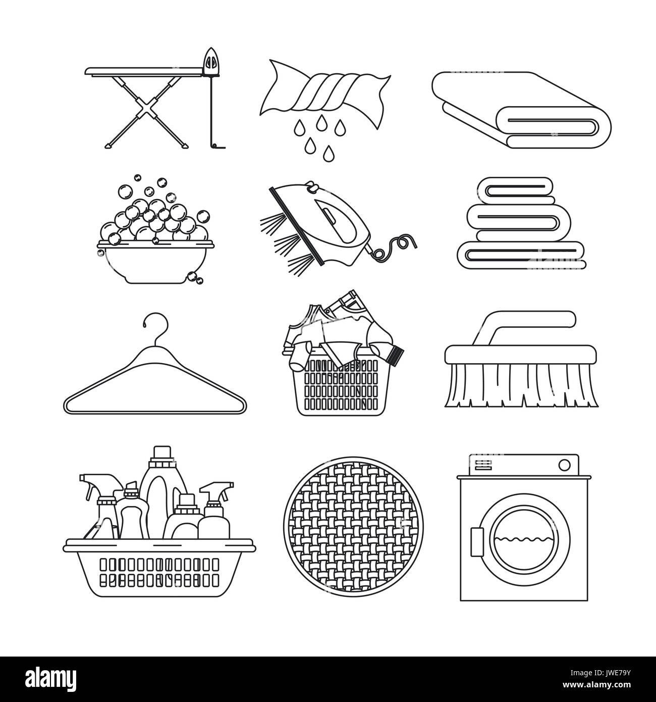 white background of contour set elements of laundry and cleaning items of wash machine Stock ...