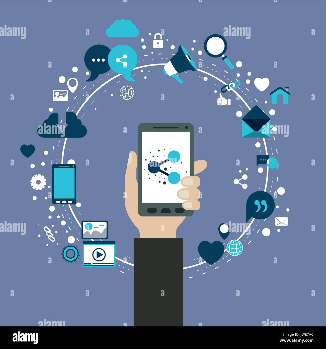 color background of circular frame of tech share icons and hand holding ...