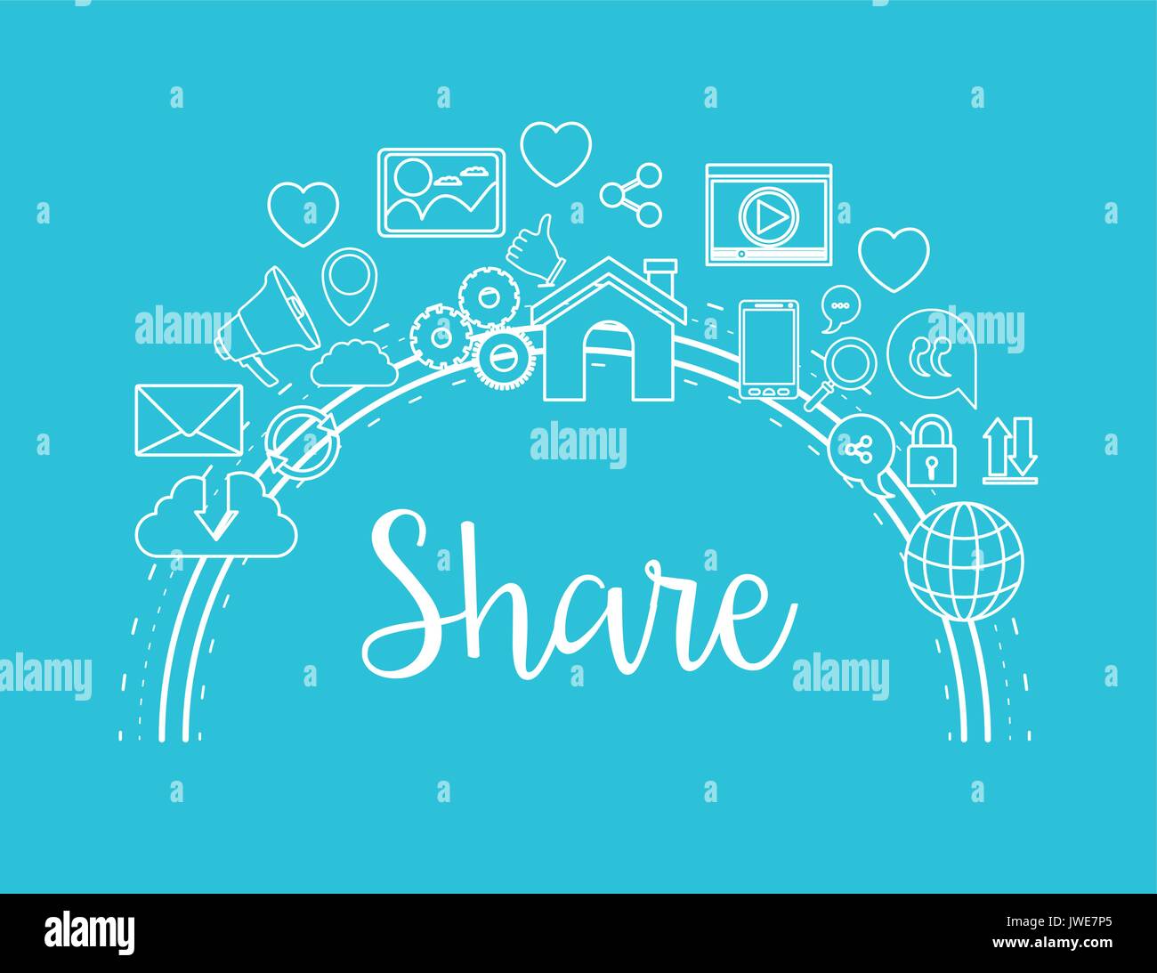 color background of curve frame of tech internet icons with share text ...