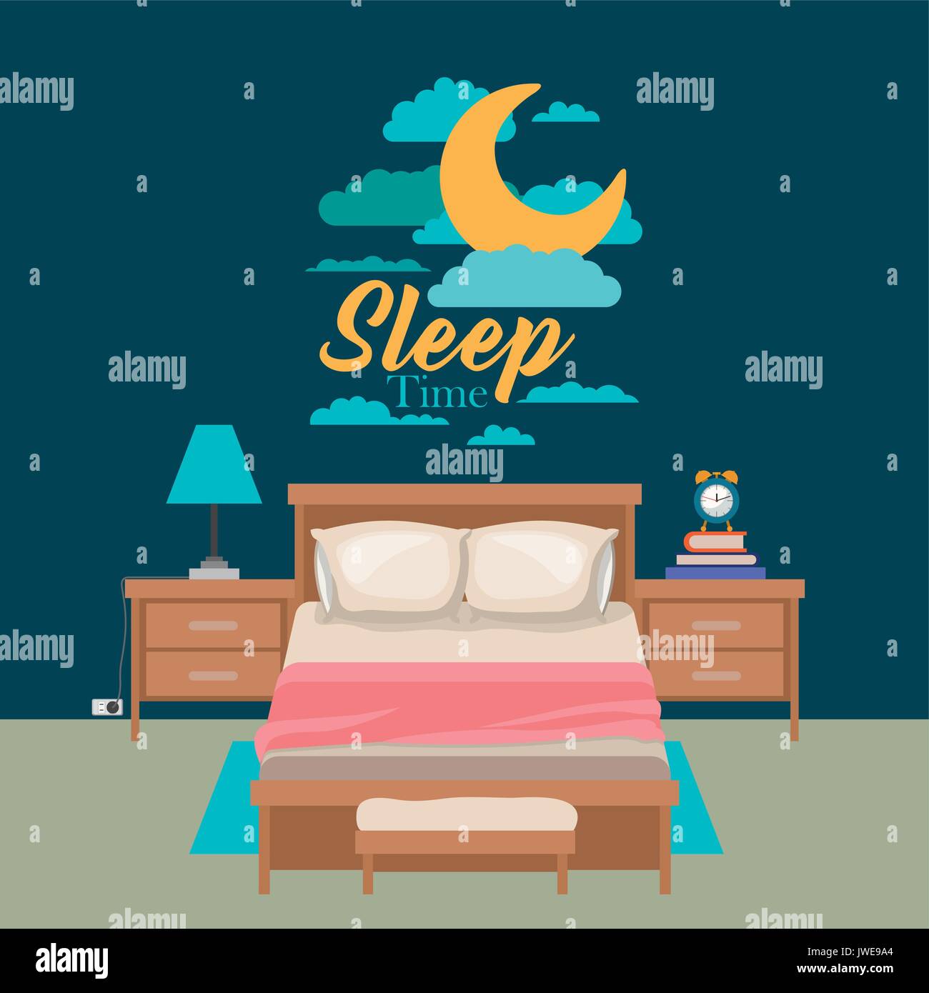 color poster scene night landscape of cute bedroom sleep time Stock ...