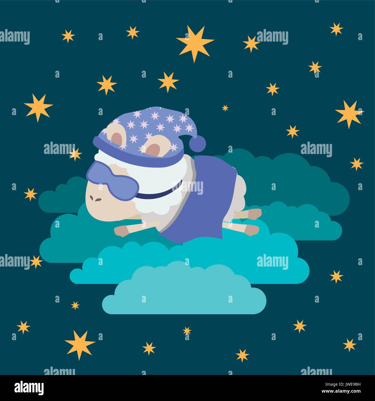 color poster scene night landscape of sleep time with sheeps in the ...