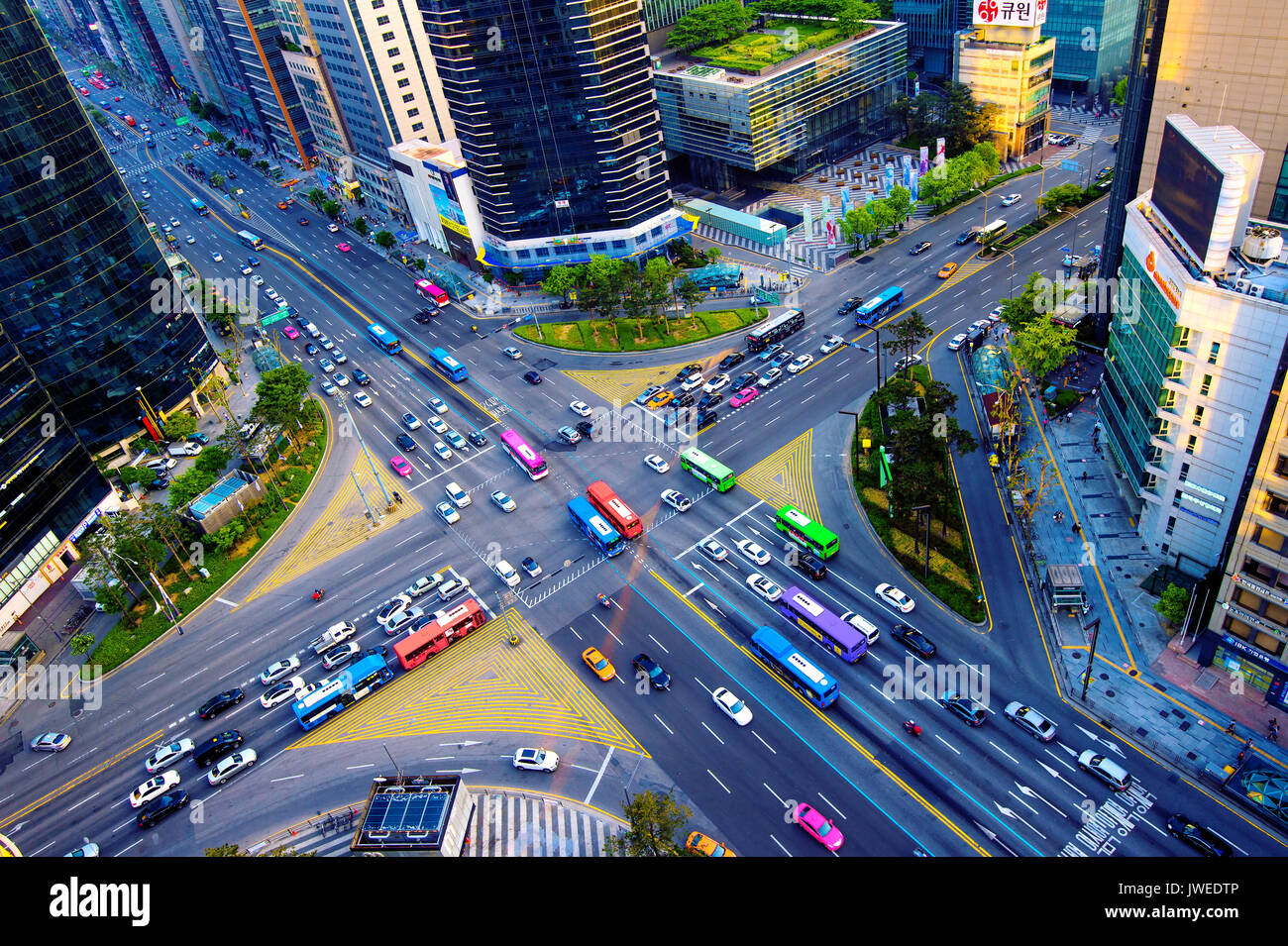 SEOUL, SOUTH KOREA - MAY 10 : Traffic speeds through an intersection in Gangnam.Gangnam is an ...