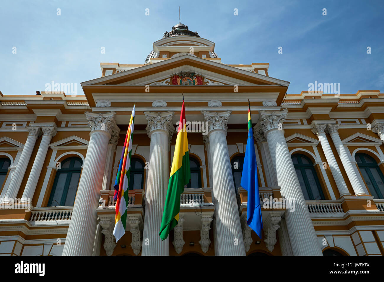 Flags on National Congress of Bolivia building, Plaza Murillo, La Paz ...