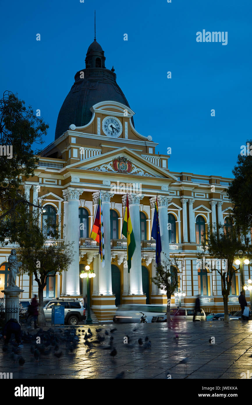 National Congress of Bolivia building at dusk, Plaza Murillo, La Paz ...