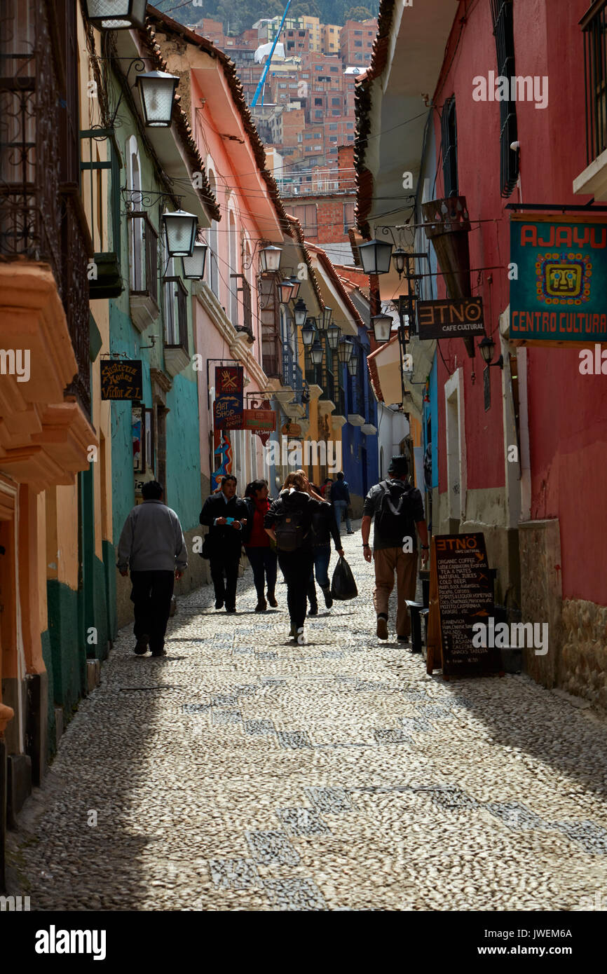 Narrow steep cobbled street of Calle Jaen, La Paz, Bolivia, South ...