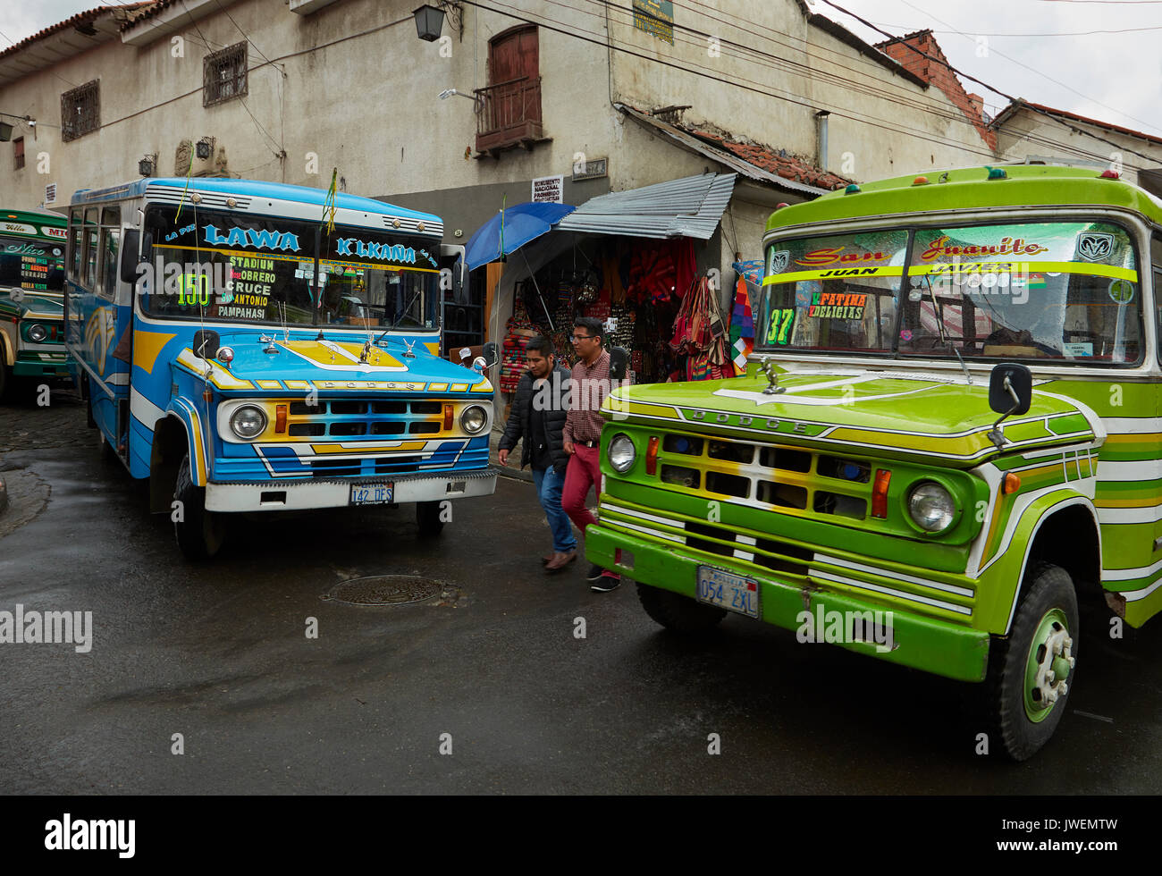 Buses on the narrow steep streets of La Paz, Bolivia, South America ...