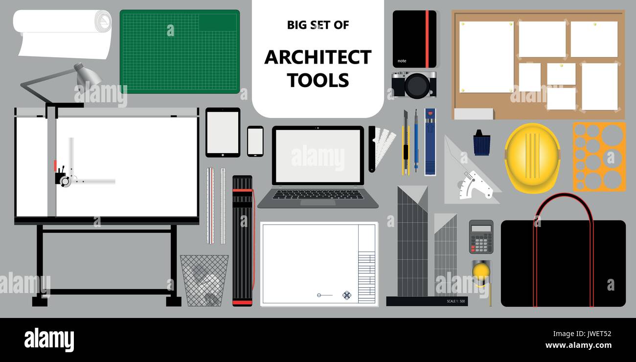 Big set of isolated architect tools. Working and design stuff. Vector ...